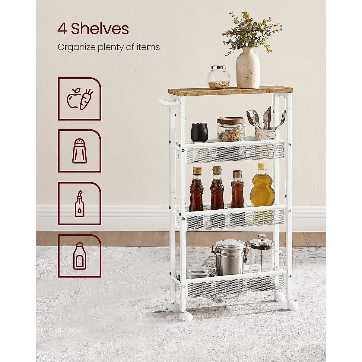 VASAGLE Slim Rolling Cart, 4-Tier Storage Cart, Narrow Cart with Handle, 5.1 Inches Deep, Metal Frame, for Kitchen, Dining Room, Living Room, Home Office, Oak Beige and Classic White ULRC032W09