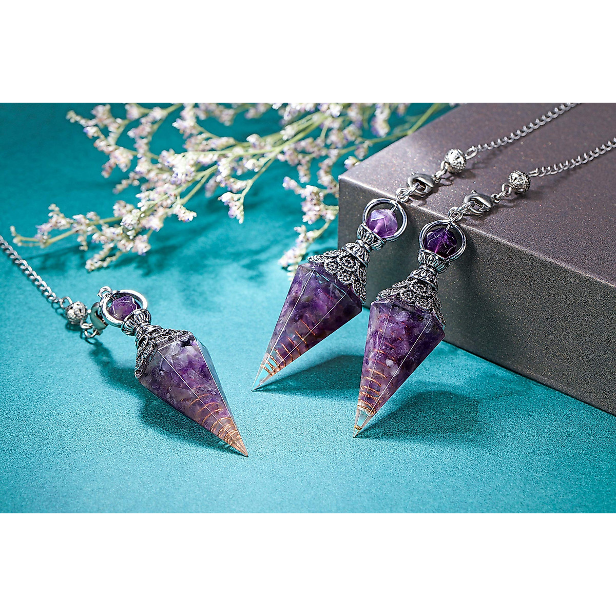 Top Plaza Bundle - 2 Items: 6 Facet Hexagonal Point Pendant Pendulum for Reiki Wicca Dowsing Balancing & Antique Silver Flower Wrapped Natural Amethyst Healing Crystal Necklace