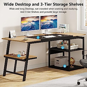 Tribesigns 63” Executive Desk with Storage Shelves, Large Office Computer Desk with Sturdy Metal Frame, Modern Study Writing Desk Workstation for Home Office, Natural/Black