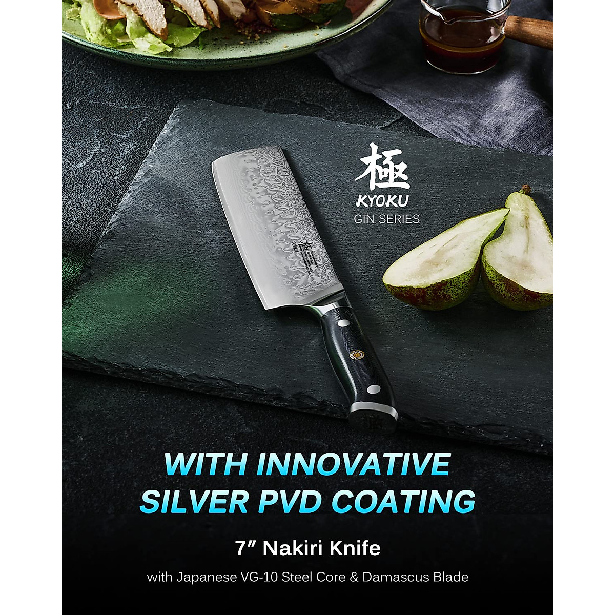 KYOKU Gin Series Nakiri Knife, 7" Vegetable Knife, Japanese VG10 Damascus Stainless Steel Kitchen Knife with Silver Ion Blade G10 Handle & Mosaic Pin, Professional Chef Knife for Veg Fruit Meat
