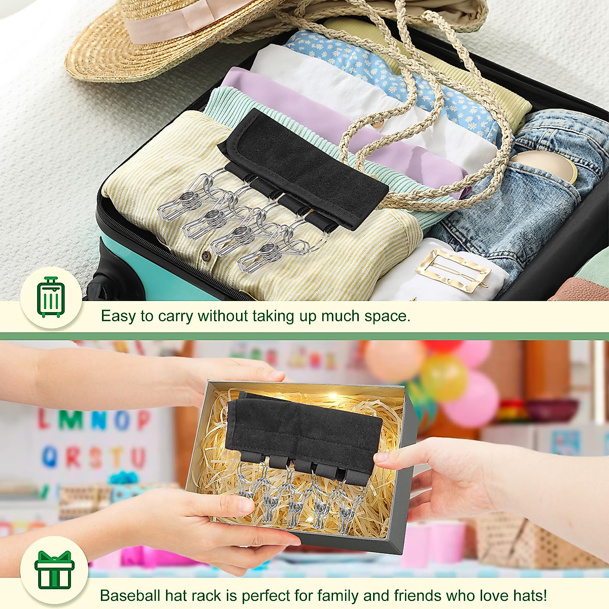 2PCS ksricfy Hat Rack for Baseball Caps, Hat Organizer for Closet, Hat Hanger Space Saving 85% with 10 Clips, Collapsible Hat Holder Fit All Caps for Men Wome