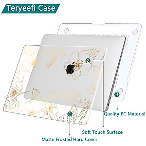 Teryeefi Compatible with 2018 2019 2020 MacBook Air 13 inch Case M1 Chip A2337 A2179 A1932 Retina Display Touch ID, Plastic Hard Shell & Keyboard Cover & Screen Protector,Gold Floral leaf