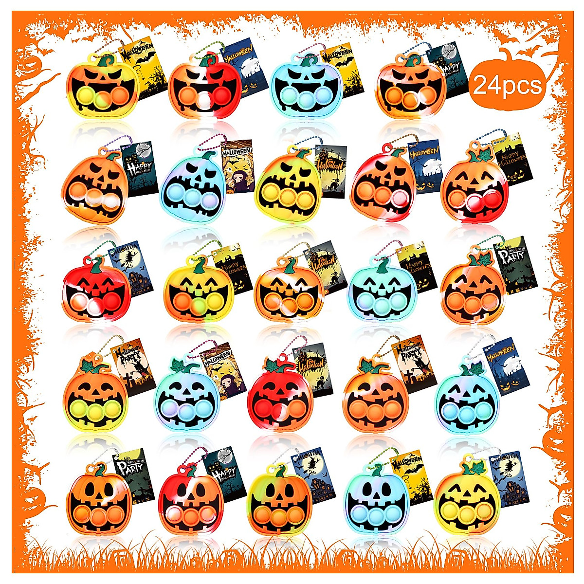 Halloween Party Favors for Kids,24 PCS Halloween Pumpkin Pop Fidget its Toys Keychain,Halloween Toys Treats for Kids,Halloween Goodie Bag Stuffers,Halloween Classroom Prizes