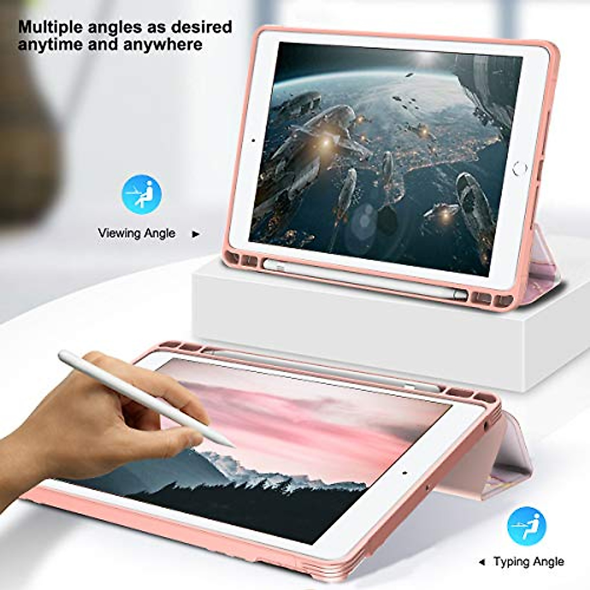 PIXIU Compatible with Pad 9.7 inch Case with Pencil Holder,pad 6th /5th Generation Cases,Full Body Protective Folio Leather Smart case Cover with Wake/Sleep Feature (Purple Marble)