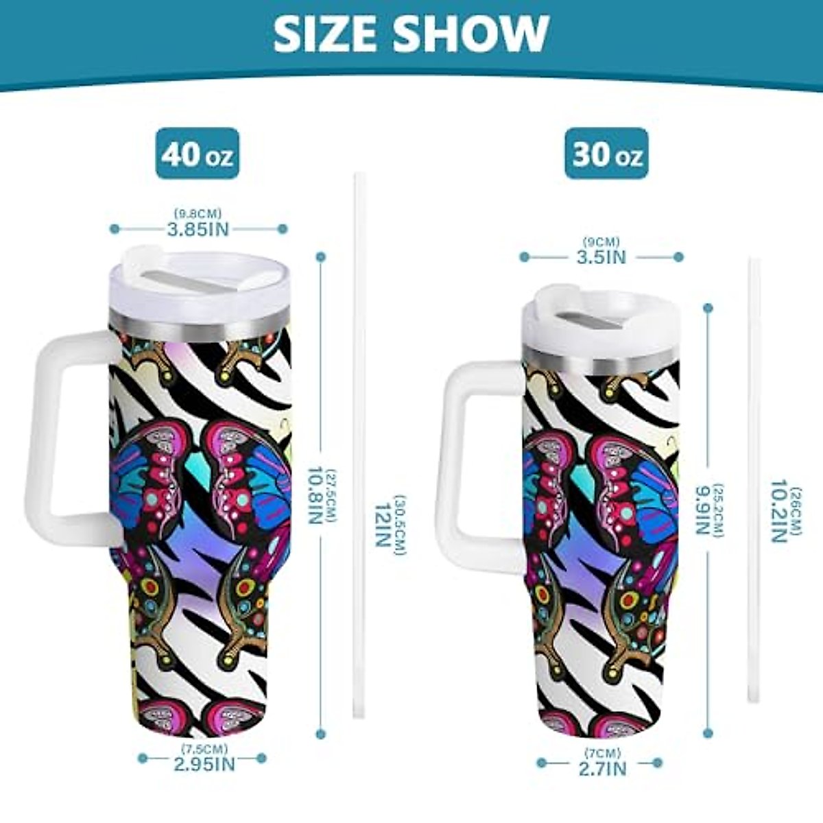 ODAWA Large Butterflies Zebra Insulated Tumbler Cups with Handle and Straw, 2 in 1 Lid Double Insulated Tumblers