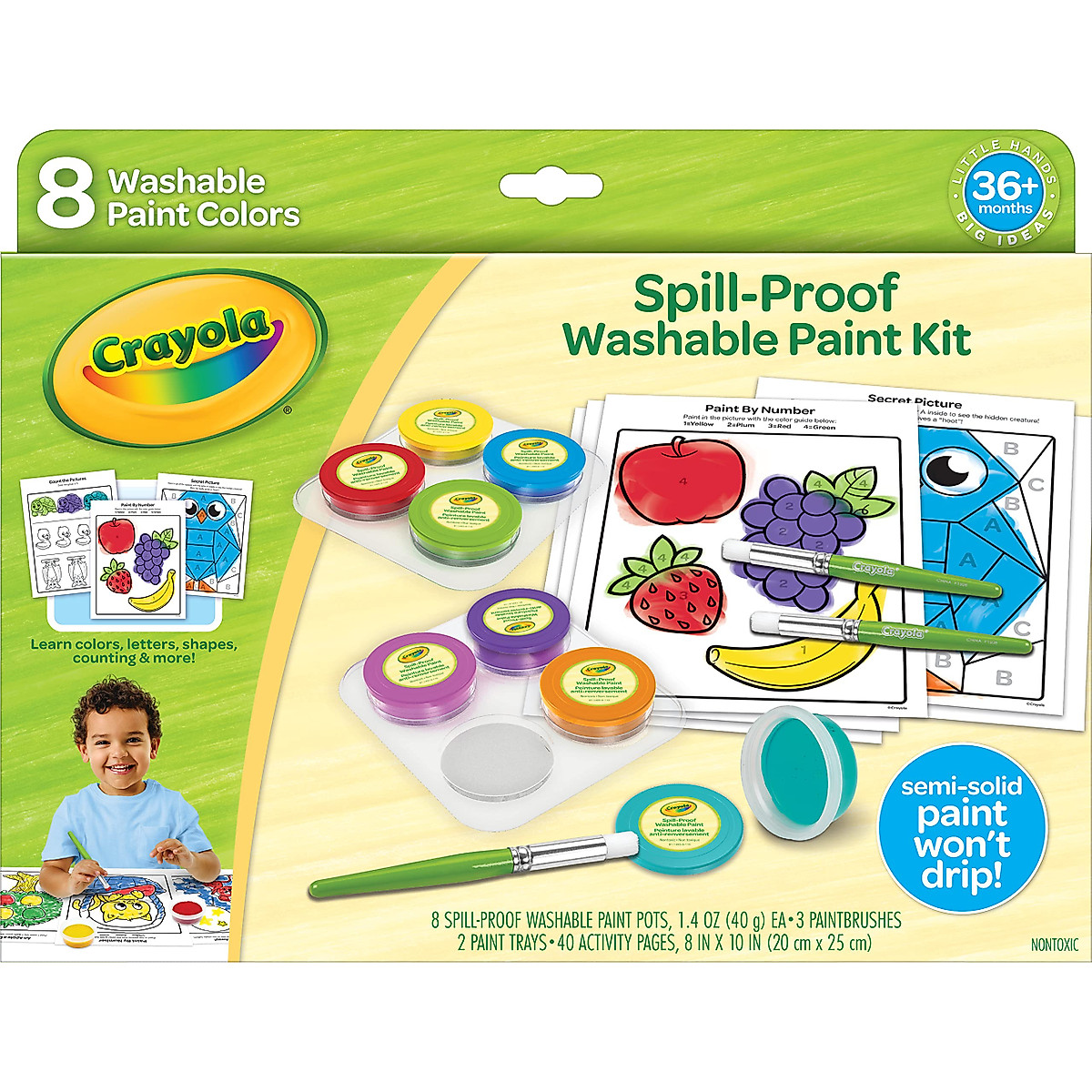 Crayola Spill Proof Paint Set (8ct), Washable Toddler Paint Kit, with Activity Pages, Kids Paint Brushes, Paint Pots, Ages 3+