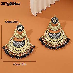 Kenjudess Vintage Turquoise Beaded Tassel Chandelier Earrings Retro Gold Ethnic Long Moon Drop Dangle Hook Earrings Exotic Indian Belly Dance Accessories for Women (Black B)