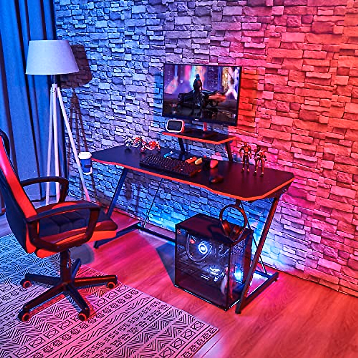 Excited Work Gaming Desk 55 inch PC Computer Desk, Home Office Desk Gaming Table Z Shaped Gamer Workstation with Cup Holder and Headphone Hook LLGD02C