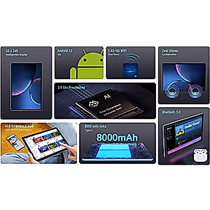 JUSYEA 2023 Tablet 10 Inch Android 12 Tablets J10 Tablet 4GB RAM, 64GB+128GB ROM, 2.0Ghz Octa-core processors-8000mAh Battery, 5G+2.4G Wi-Fi, Bluetooth 5.0, Metallic Body with Case+Stylus- Gold