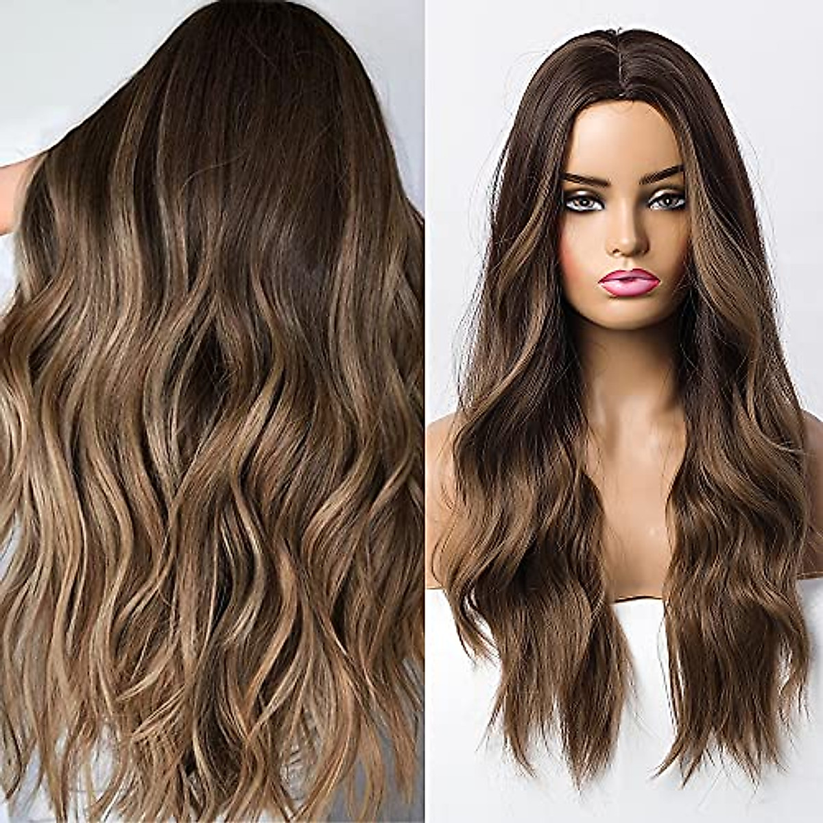 LEMONWIGS Long Natural Wavy Middle Part Brown Synthetic Wig for Women Heat Resistant Fiber Wigs