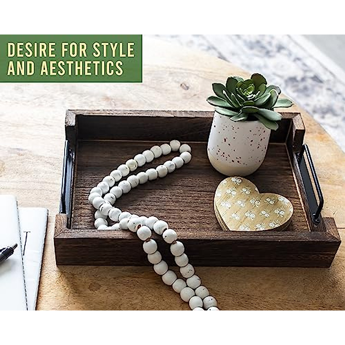 Rustic Wooden Serving Trays with Handle - Set of 2 - Large and Small, Nesting Multipurpose Trays - for Breakfast, Coffee Table/Butler & More - Rustic Brown