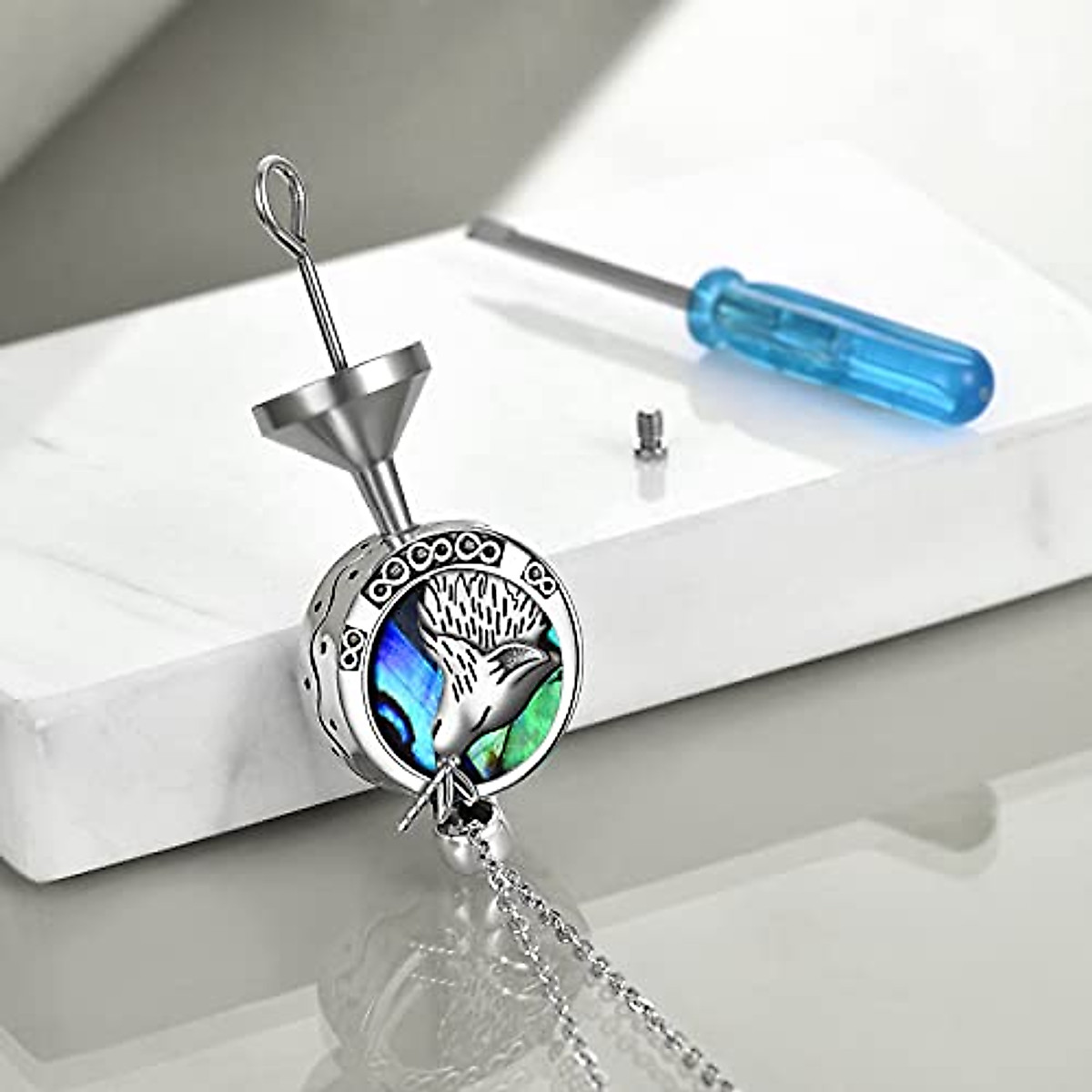 ONEFINITY Wolf Urn Necklaces for Ashes Sterling Silver Abalone Shell Wolf Cremation Jewelry with Dragonfly Urn Keepsake Memorial Urn Jewelry for Women Men
