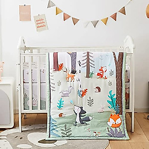 beeweed 3-Piece Crib Bedding Set for Boys Girls, Soft Baby Bedding Set Including Blanket, Crib Skirt & Crib Sheets, Woodland Animal Nursery Bedding Set