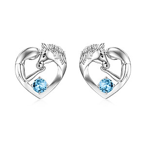 AOBOCO Sterling Silver Horse Stud Earrings, Horse Jewelry Birthday Gifts for Women Daughter Granddaughter (03-Simulated Aquamarine-Mar.)