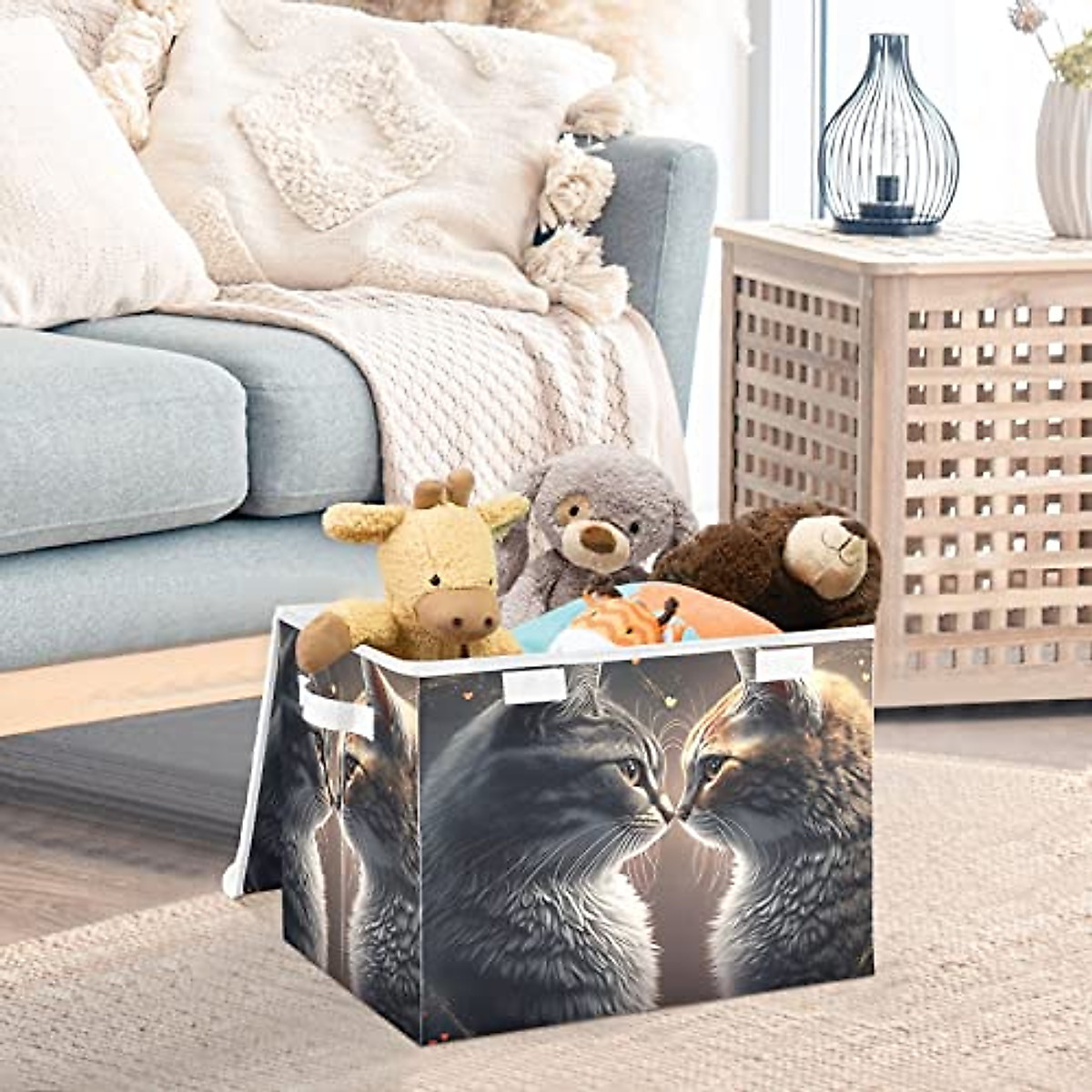 Vnurnrn Collapsible Storage Bin with Lid (Romantic Cats), Foldable Storage Boxes Cube with Lid for Clothes Toys 16.5×12.6×11.8 Inch