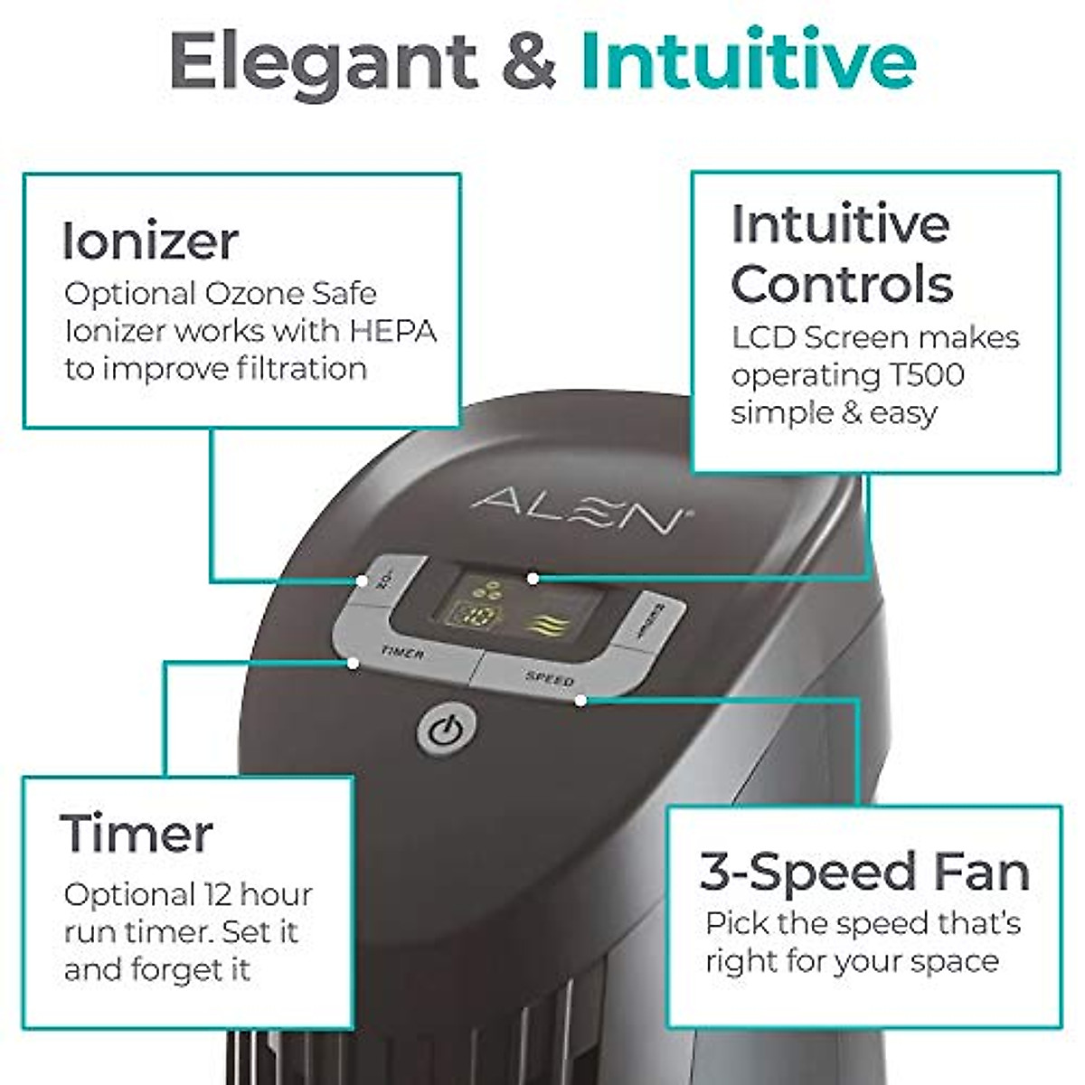 Alen T500 Air Purifier, Quiet Air Flow for Large Rooms, 500 SqFt, Portable Air Cleaner for Allergens, Dust, Pollen, Pet Dander, in Black