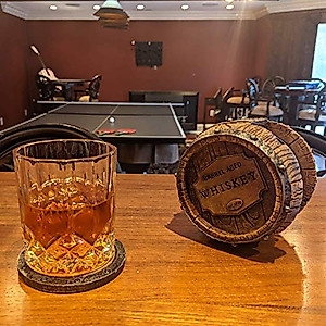 5pc Whiskey Bourbon Barrel Drink Coasters, Unique Bar Decor & Accessories, Beer & Whiskey Glass Coaster - Home Decorations for Dining Room or Home Bar - Modern Coaster Set with Holder for Man Cave