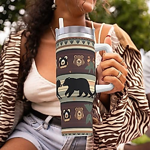 HULIBIN Bear Print Double Deck Stainless Steel Travel Coffee Cup With Lid 40 Oz Ice Bully Cup
