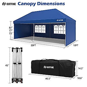 OUTFINE Canopy 10'X20' Pop Up Canopy Gazebo Commercial Tent with 4 Removable Sidewalls, Stakes X12, Ropes X6 for Patio Outdoor Party Events