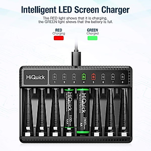 HiQuick 8 Bay Smart Battery Charger with 4AA and 4AAA Battery + 8 Pack AAA Rechargeable Batteries