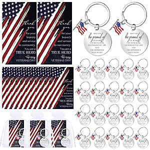 Lyrow 24 Sets Veterans Day Gift Bulk American Flag Keychains Patriotic Card with Organza Bag Party Decorations Church Favors