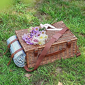 Picnic Cooler Basket Set for 2 Persons with Large Waterproof Picnic Blanket, Cutlery Service Kit and Adjustable Strap