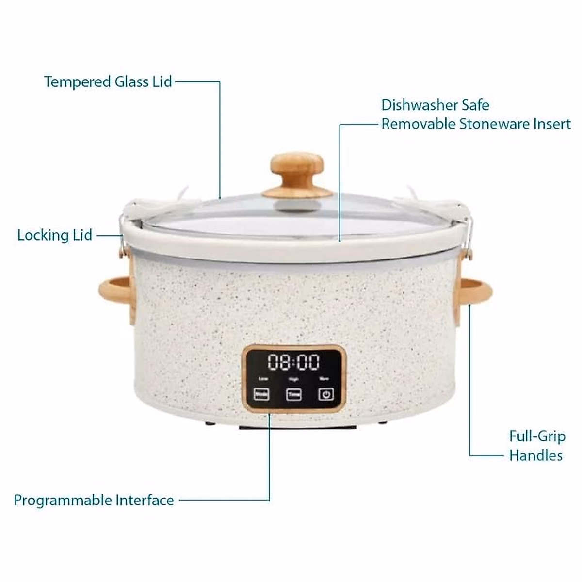 The Pioneers Womans Programmable 6 Qt Digital Slow Cooker with Locking Lid, Touchscreen Controls, Dishwasher Safe, Perfect for Potlucks, Family Meals, Spill-Free Transport (Linen Speckle)