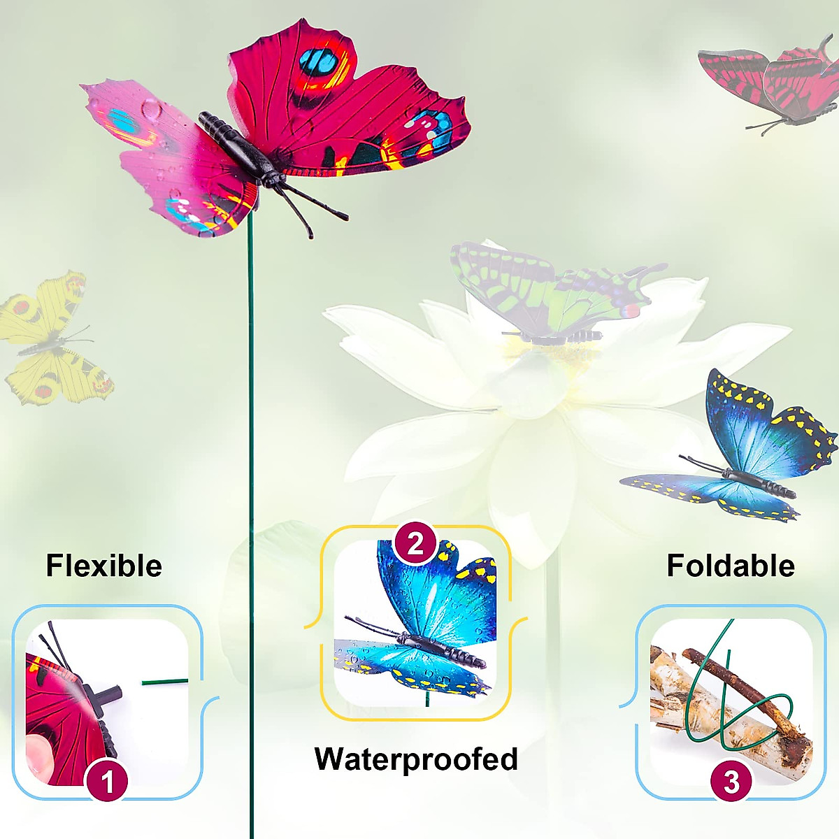 VGOODALL 50PCS Butterfly Garden Decorations, 11.8 inch Butterfly Stakes Ornaments Artificial Waterproof Butterflies for Flower Bouquet Outdoor Indoor Yard Art Patio Plant Pot Flower Bed Home Décor