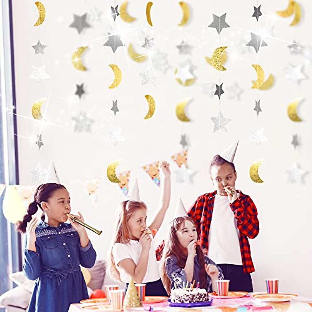 Gold Silver Moon Star Garland for Twinkle Twinkle Little Star Party Decoration/First Birthday/Baby Shower/Wedding/Kids Room/Nursery/Ramadan EID/Graduation Decor/Goodnight Moon Party Decorations