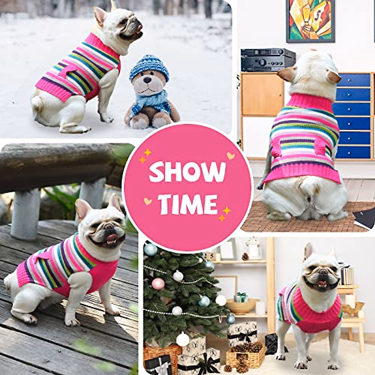 XGDMEIL Dog Sweater Pet Clothes Cute Funny Striped Puppy Turtleneck Sweater Holiday Costumes Soft Warm Kitten Dog Knitwear Vest Cold Weather Outfits for Small Medium Large Dogs Cats(Rose Red,XS)