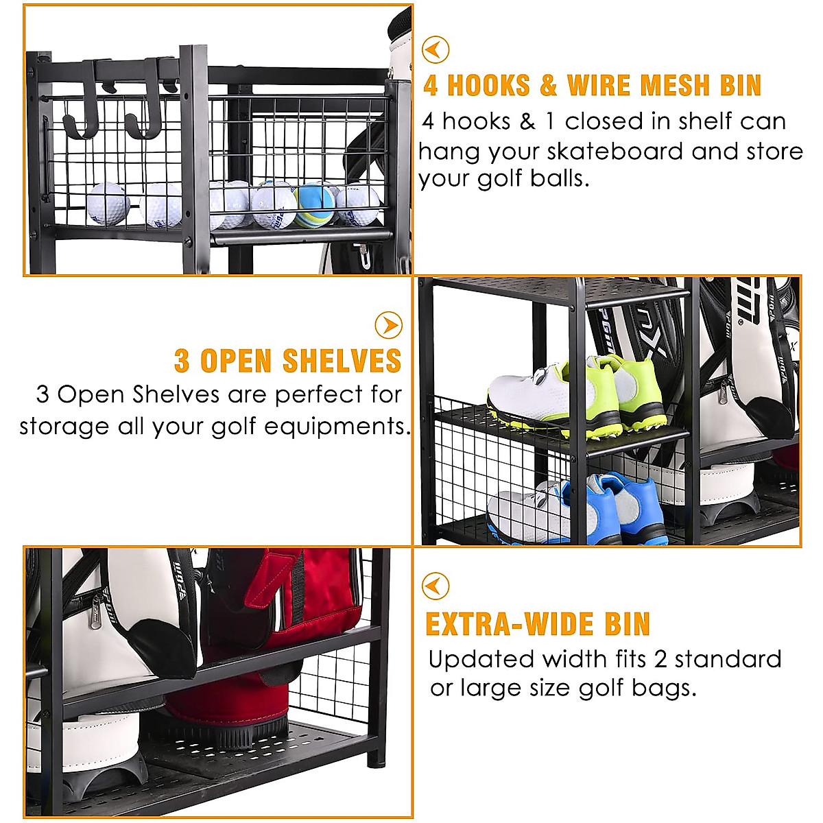 SNAIL Golf Bag Garage Storage Organizer Extra Large Size Golf Bag Rack Stand Holder Fits 2 Golf Bags and Other Golfing Equipment Accessories, Metal Black Golf Club Storage for Garage Shed and Basement