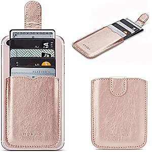 Phone Card Holder RFID Blocking Sleeve, Pu Leather Back Phone Wallet Stick-On Pull up 5 Card Holder Universally Pocket Covers Credit Cards Cash for iPhone/Android/Samsung/All Smartphones(RoseGold)