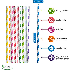 Zunii 1000 Pack Multi-Color Biodegradable Paper Straws - 10 Bright Colors - Eco Friendly Straws for Juice, Soda, Cocktails, Shakes - Great for Birthday Parties, Bridal Showers, Cake Pop Sticks