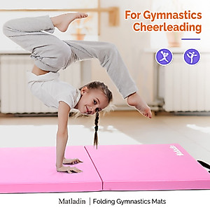 Matladin 8' Folding Gymnastics Gym Exercise Aerobics Mat, 8ft x 2ft x 2in PU Leather Tumbling Mats for Stretching Yoga Cheerleading Martial Arts (Pink)