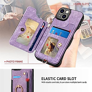 JanCalm for iPhone 14 Case,Phone Case for iPhone 13,Card Holder Wallet,Ring Holder Stand,RFID-Blocking,Wrist Strap,Camera Protector,Leather Protective Magnetic Flip Cover for iPhone 13/14 (Purple)