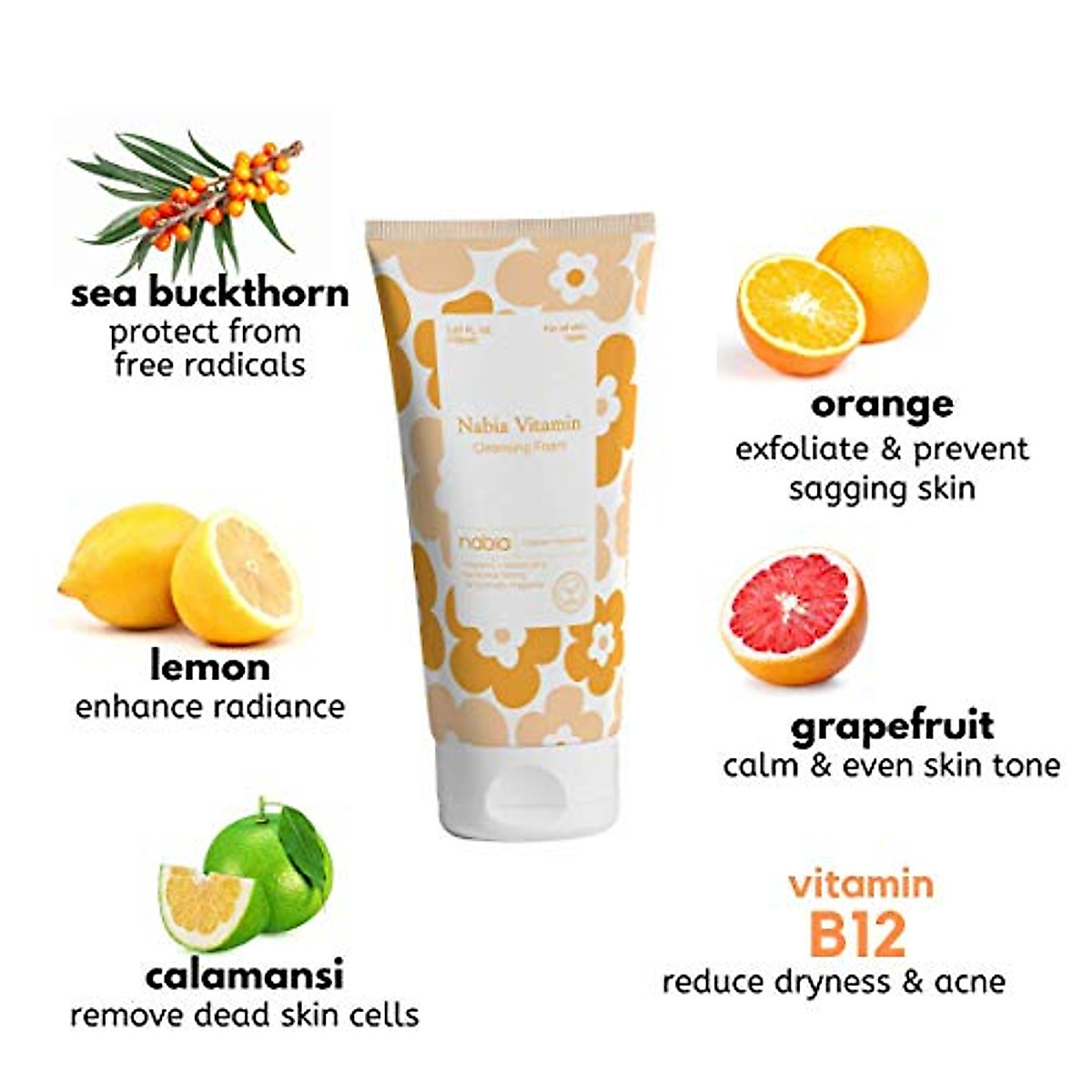 Nabia Plant-based Natural Face Wash with Vitamin C: Gentle and Clean Revitalizing Cleanser, 5.07 Fl Oz