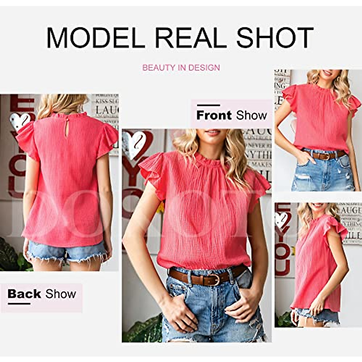 Dokotoo 2023 Stylish Ladies Tops and Blouses Solid Cotton Causal Crewneck Smocked Ruffle Short Sleeve Shirts Comfy Loose Fit Tunic Summer Sexy Tops for Women Rose M