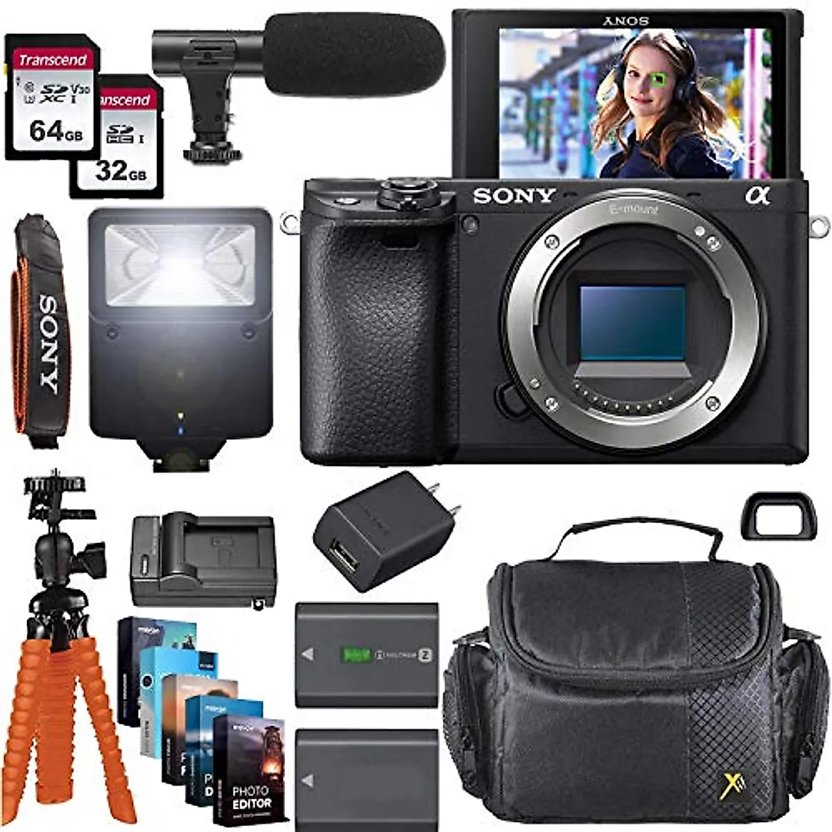 Sony Alpha a6400 Mirrorless Digital Camera 24.2MP 4K (Body Only) + 64GB & 32GB Memory Cards, Sturdy Equipment Carrying Case, Spider Tripod, Camera Flash, Software Kit and More