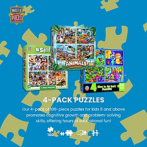 MasterPieces – Jigsaw Puzzle Set for Kids 6+ Years, 4-Pack of 100 Pieces, Educational and Fun Game, Blue Glow in The Dark Collection, Gift Idea for Children, 8" x 10