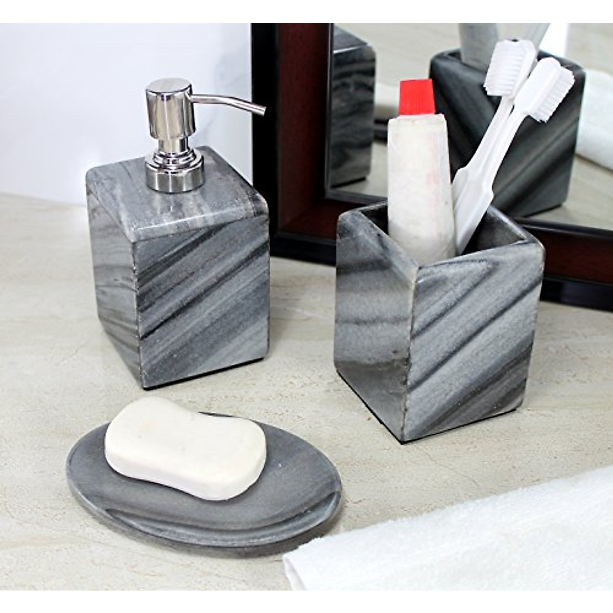 KLEO - Bathroom Accessory Set Made from Natural Stone - Bath Accessories Set Includes Soap Dispenser, Toothbrush Holder, Soap Dish (Grey - Set of 3)