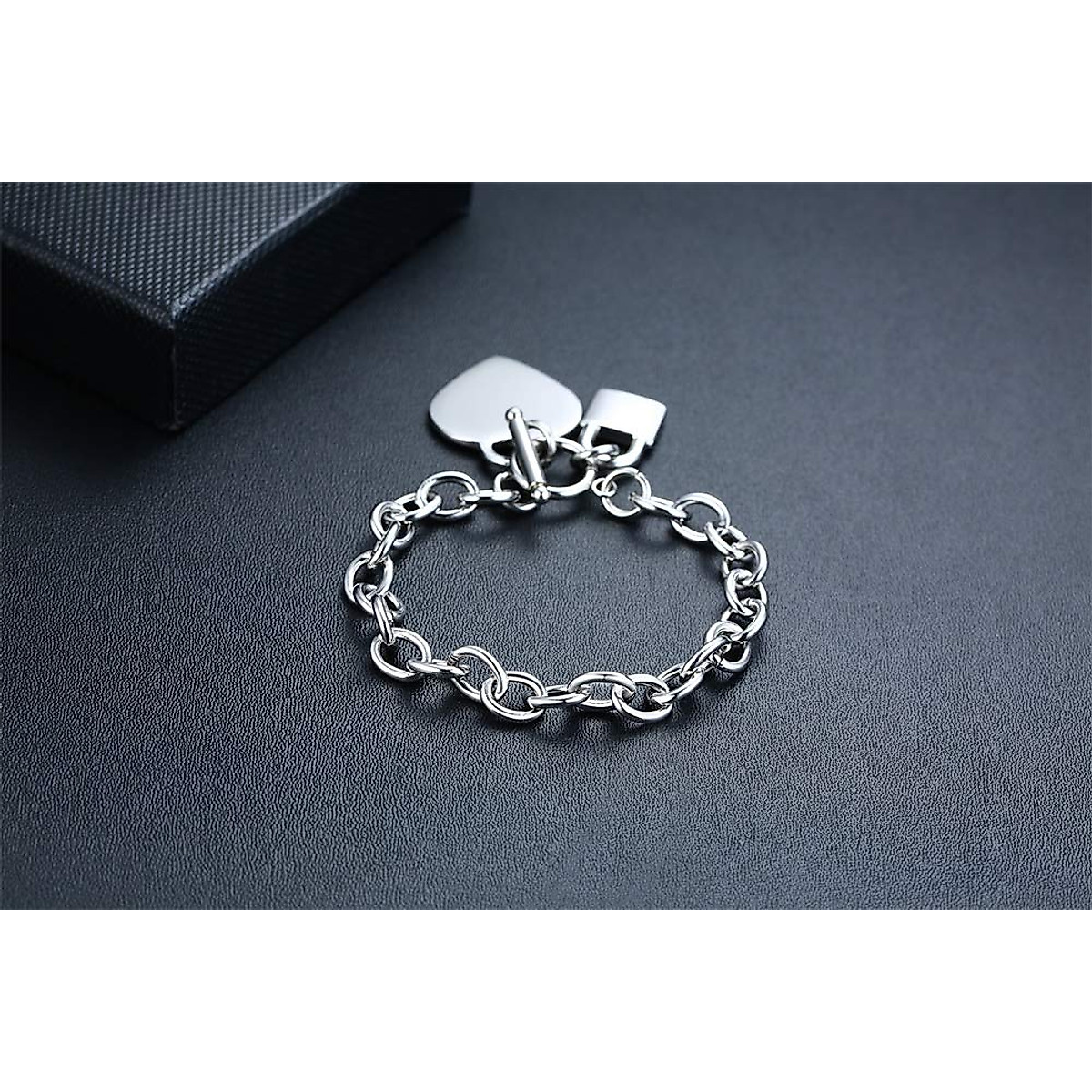 MEALGUET Custom Engraving Stylish Women Medical Alert Bracelet Stainless Steel Lock Heart Charm Link Medical ID Bracelet Toggle & T bar Clasps