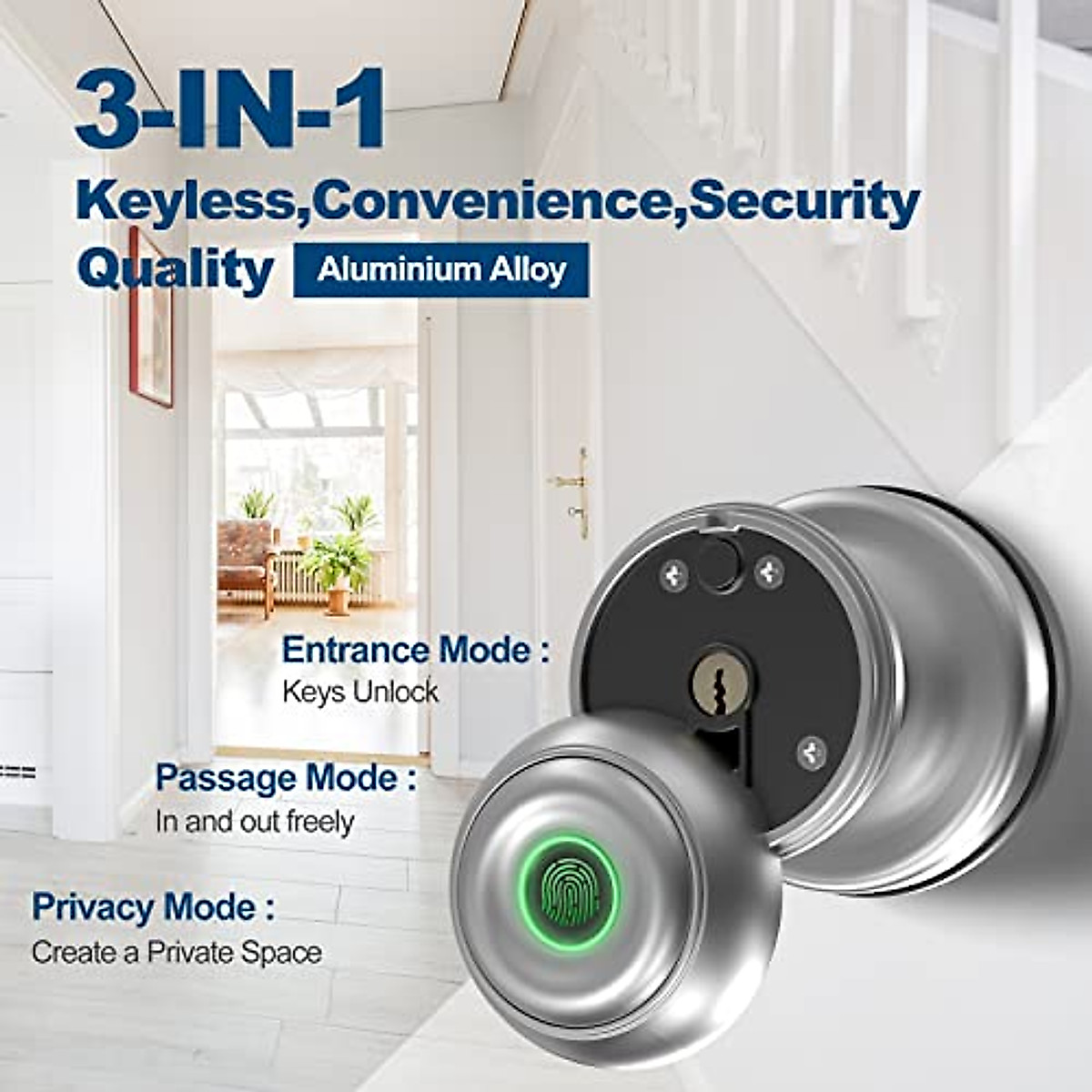 GeekTale Fingerprint Door Lock, Smart Door Knob Fingerprint Door Knob Smart Door Lock with App Control,Great for Bedrooms,Apartments Offices,Hotels, Satin Nickel