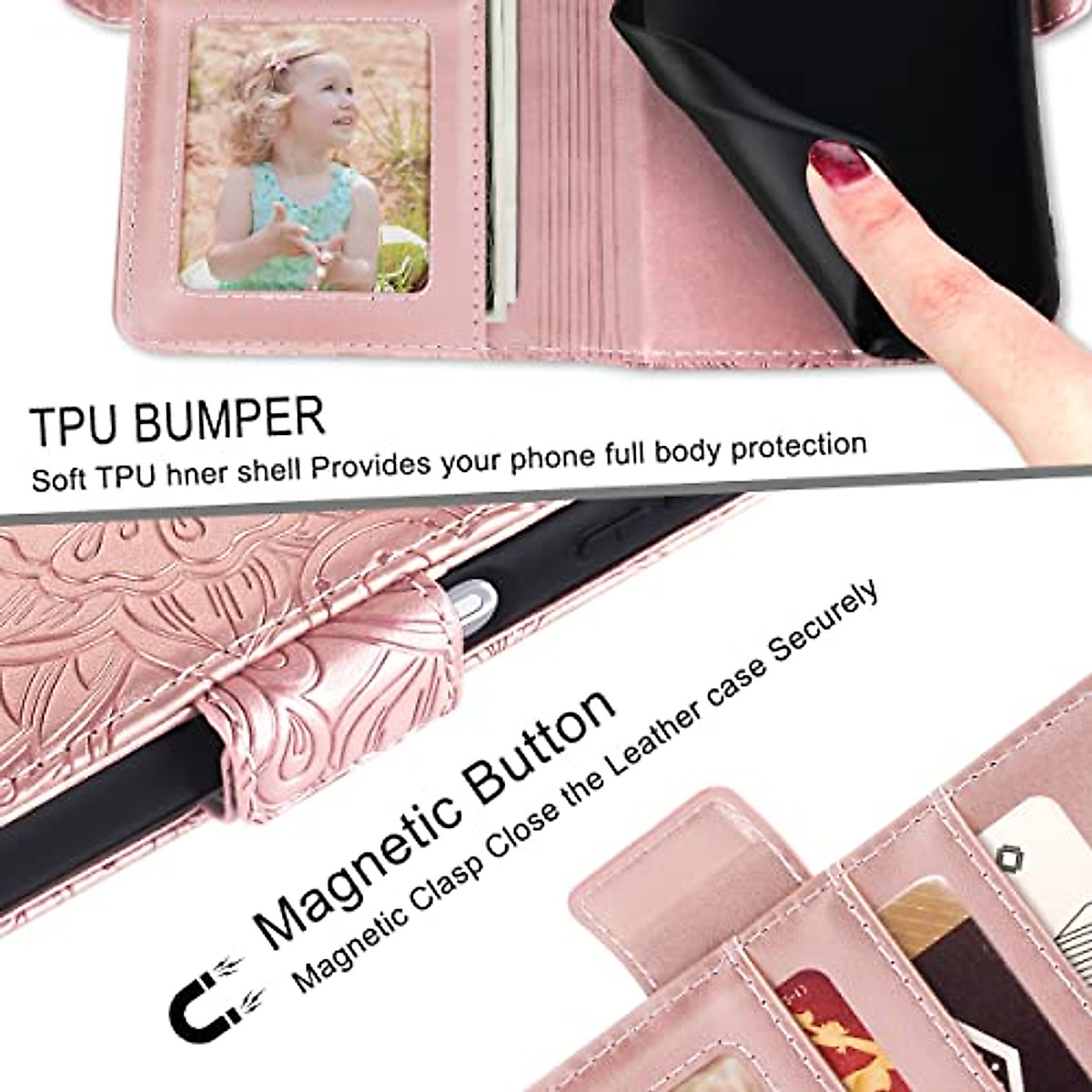 Bizzib for Samaung Galaxy A14 5G Case Wallet,Embossed Mandala Floral Leather Folio Flip Wristlet Shockproof Protective ID Credit Card Slot Holder Cover for Girl Compatible with Galaxy A14 5G-Rose Gold