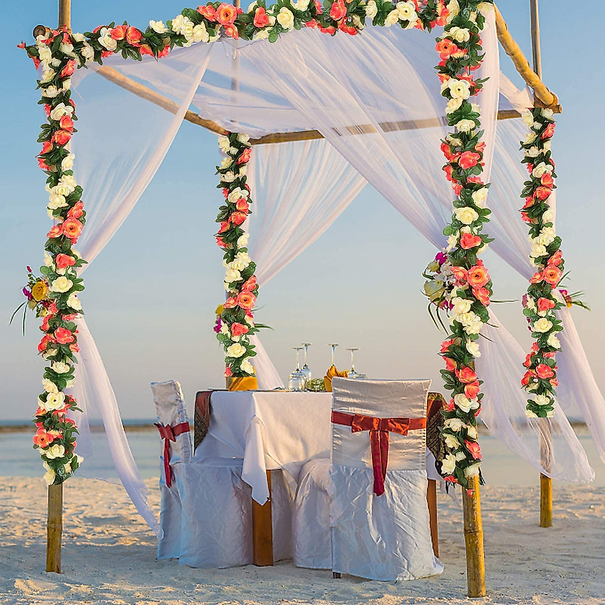 Beferr 5Pcs 41FT Rose Flower Wreaths Artificial Rose Wreaths Fake Silk Flowers Rose Ivy Hanging for Home Wedding Party Garden Craft Wall Decor Champagne