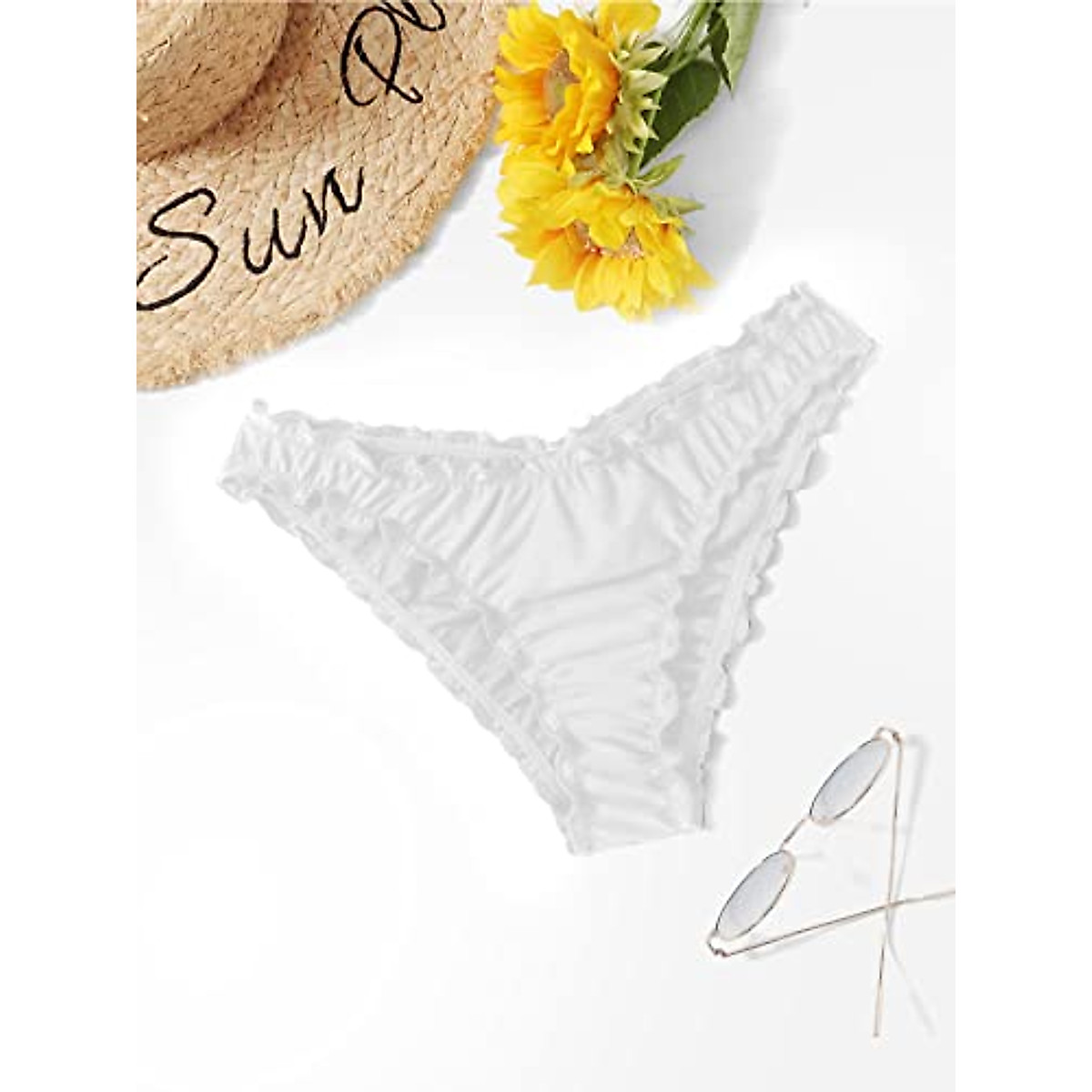 SheIn Women's Ruffle Bikini Bottom Ruched Swimsuit Bottom Solid Swim Briefs White X-Small