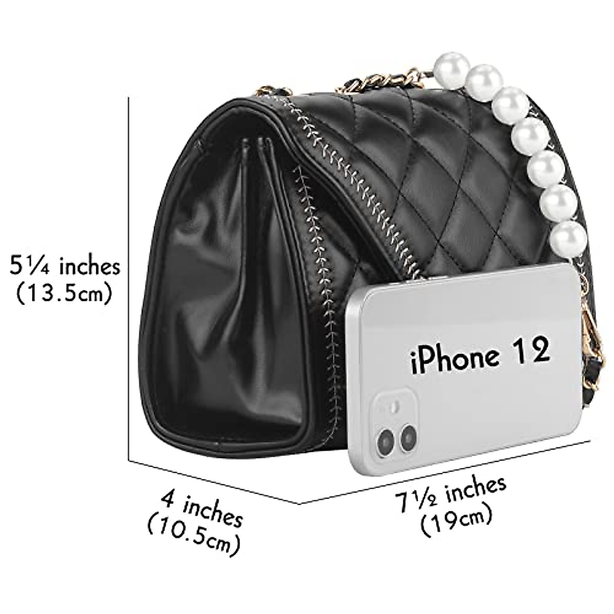 Quilted Cellphone Crossbody Purses for Women, Chain Small Black Shoulder Pearl Bag, Retro Evening Clutch Handbag for Prom, Party, Wedding, Cocktail
