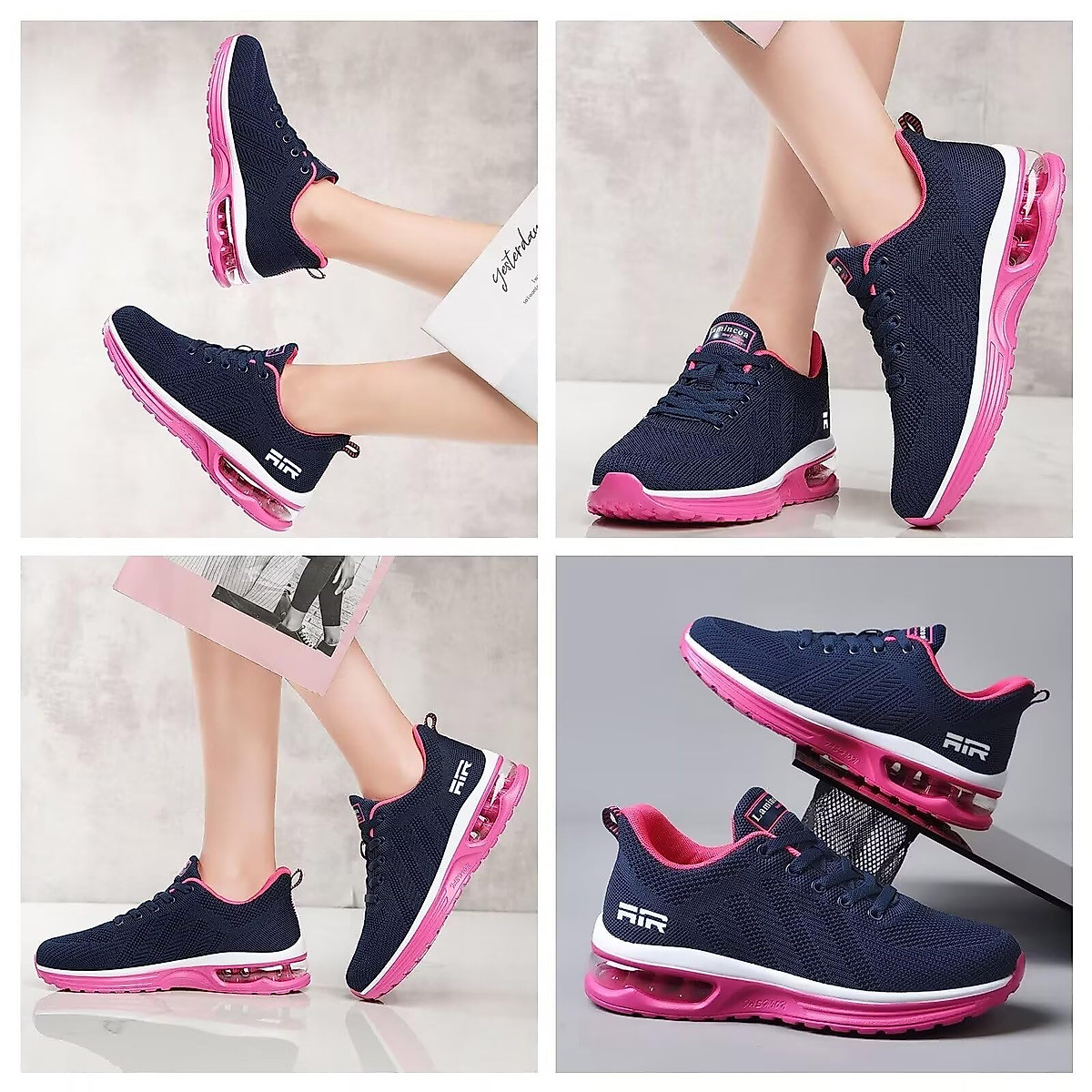 Wide Width Womens Sneakers Air Cushion Running Shoes Walking Tennis Shoes for Women Blue-Rose