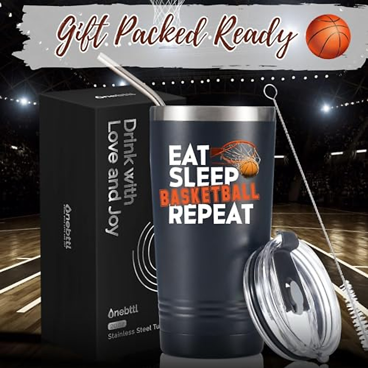 Onebttl Basketball Lovers Gifts, Basketball Gifts for Coach, Men, Dad on Birthday Christmas, 20oz Stainless Steel Tumbler - Eat Sleep Basketball Repeat, Black