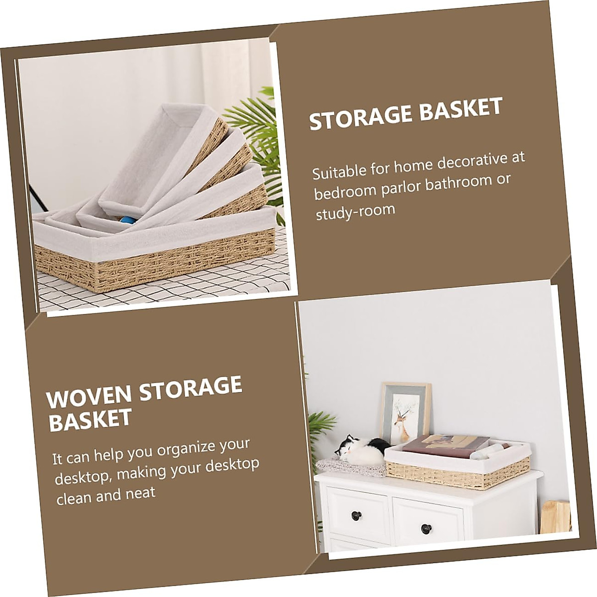 Abaodam Storage Basket Bread Serving Basket Rattan Rectangular Wicker Basket Vanity Organizer Tray Woven Serving Basket Sundries Storage Organizer Rectangle Toilet Paper Cloth