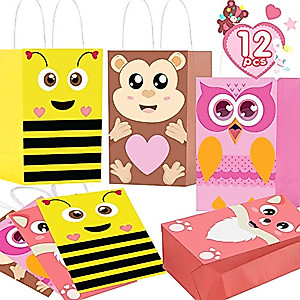 Funnlot Valentine Day Gift Bags For Kids 12PCS Cute Valentine Candy Bags Valentine Treat Bags Animals Valentine Paper Bags With Handles For Chocolate Snacks Valentine Party Favor Bags